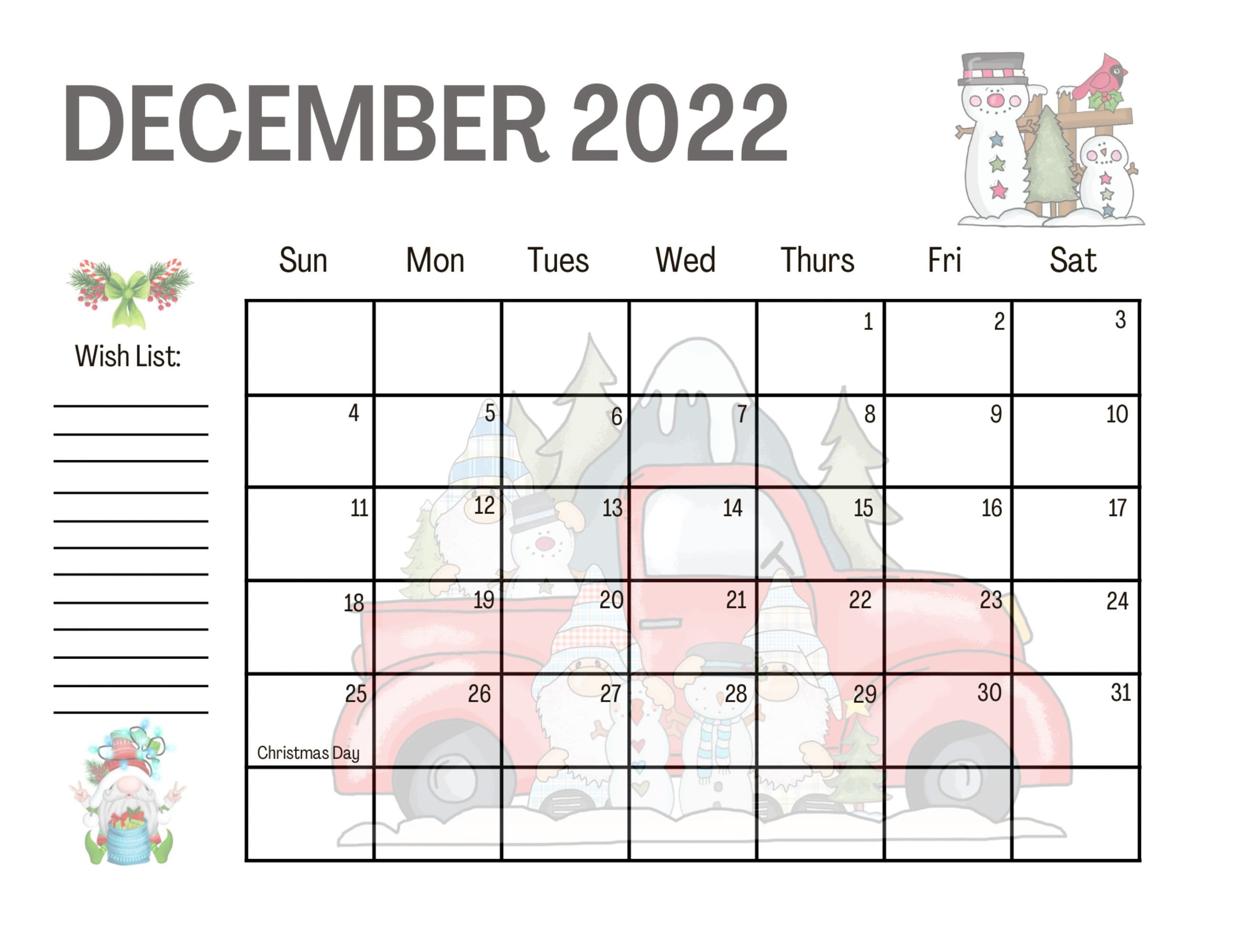 December 2022 Holiday Printable Calendar With Fillable Wish List for ...