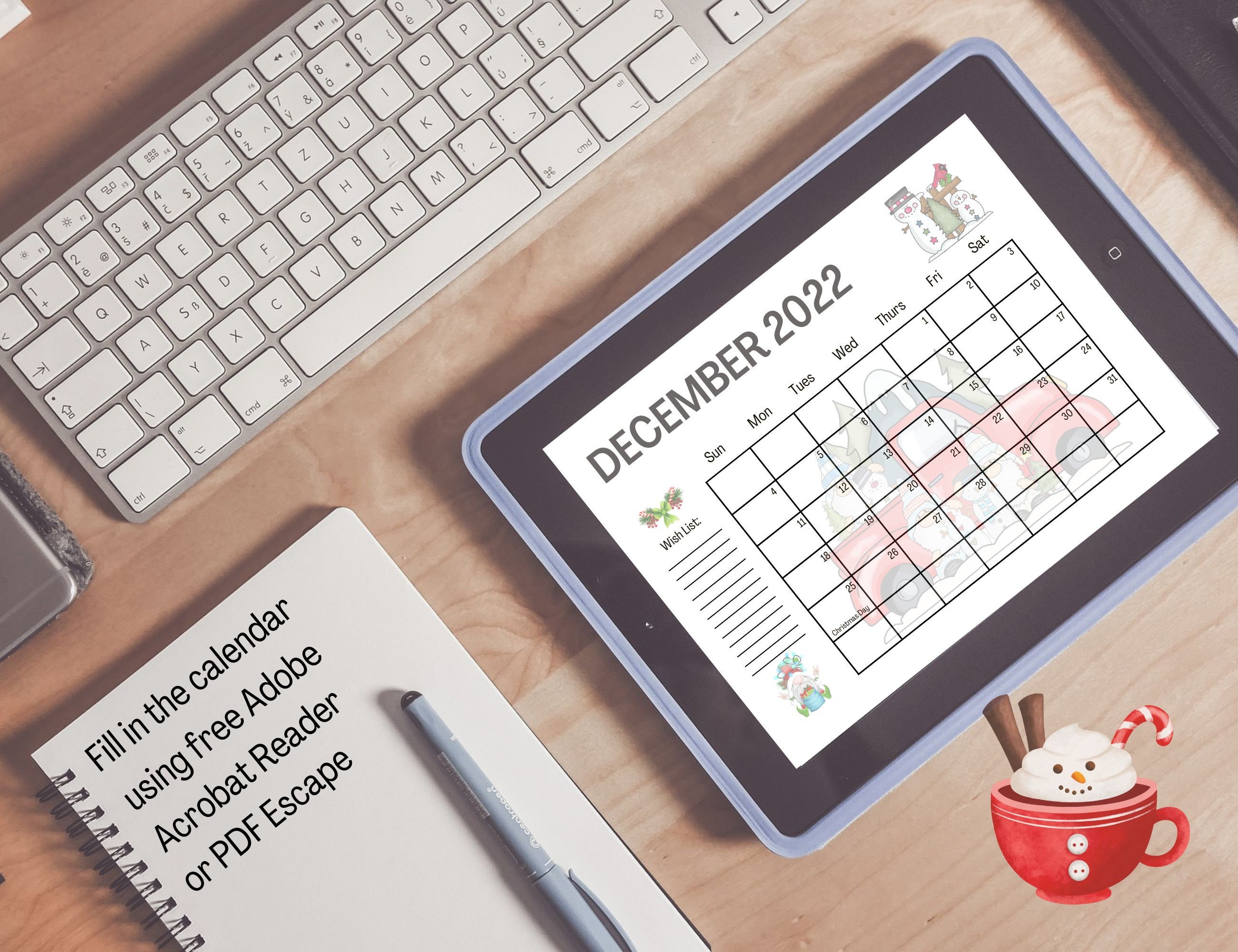 December 2022 Holiday Printable Calendar With Fillable Wish List for ...