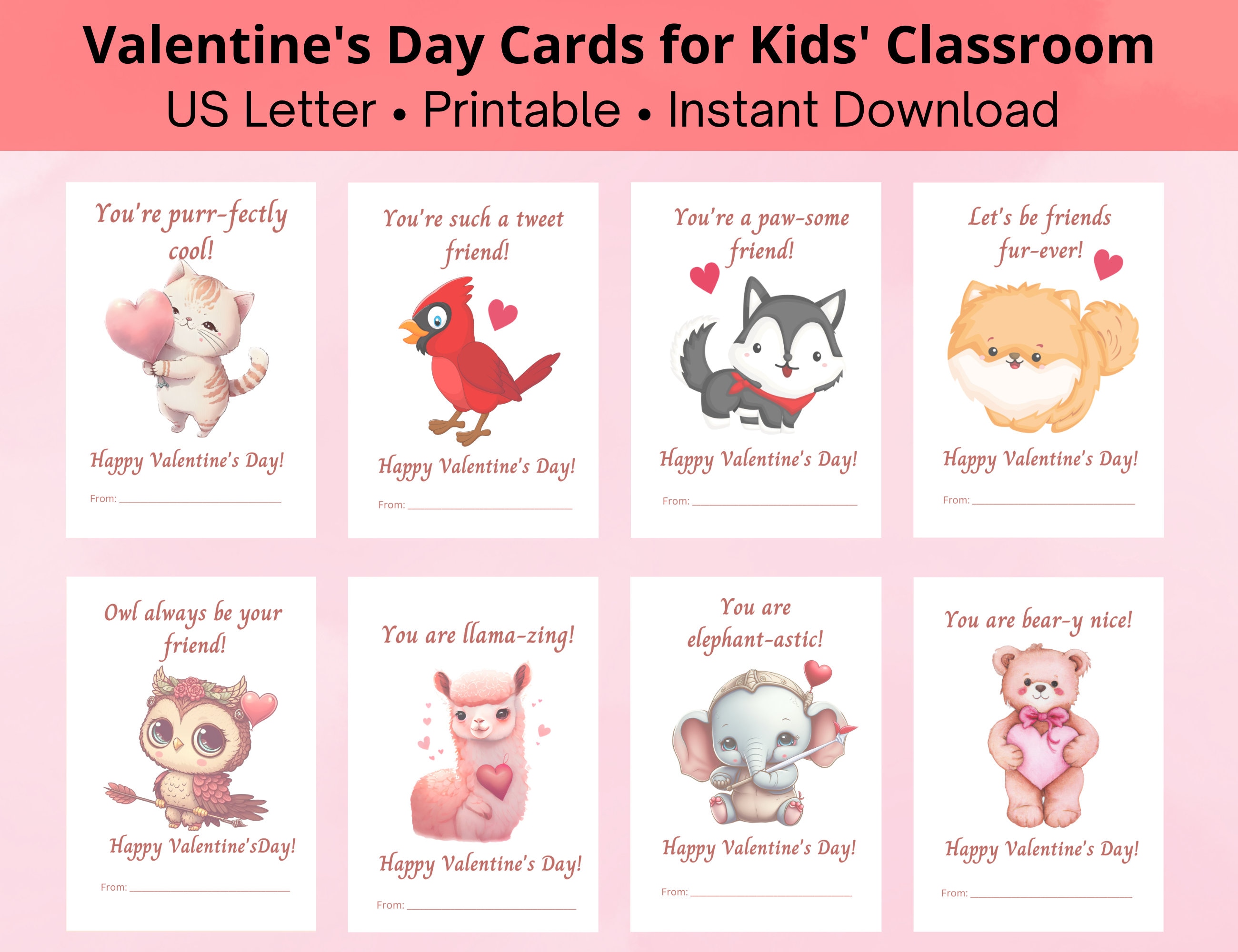 Printable Animal Valentine's Day Cards for Kids; Cute Animal Valentine ...