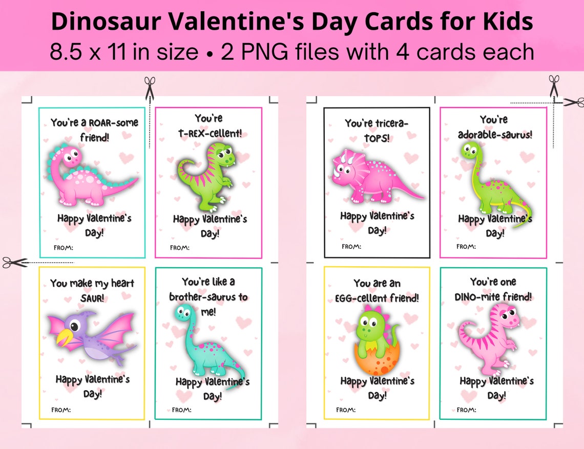 Printable Dinosaur Valentine's Day Cards for Kids; Printable Valentine ...