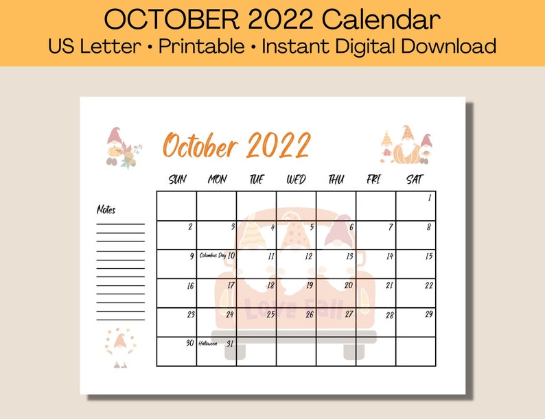 October 2022 Calendar Printable, Fall Theme October 2022 Calendar ...