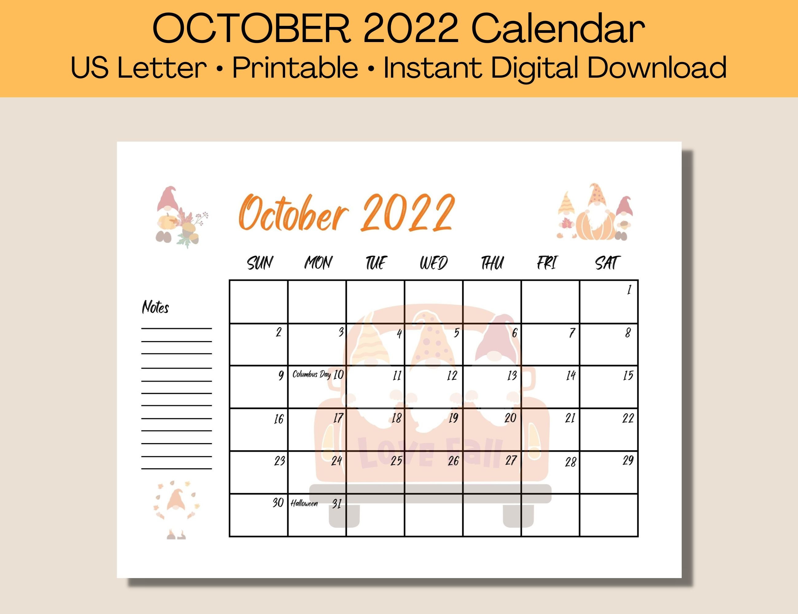 October 2022 Calendar Printable, Fall Theme October 2022 Calendar ...