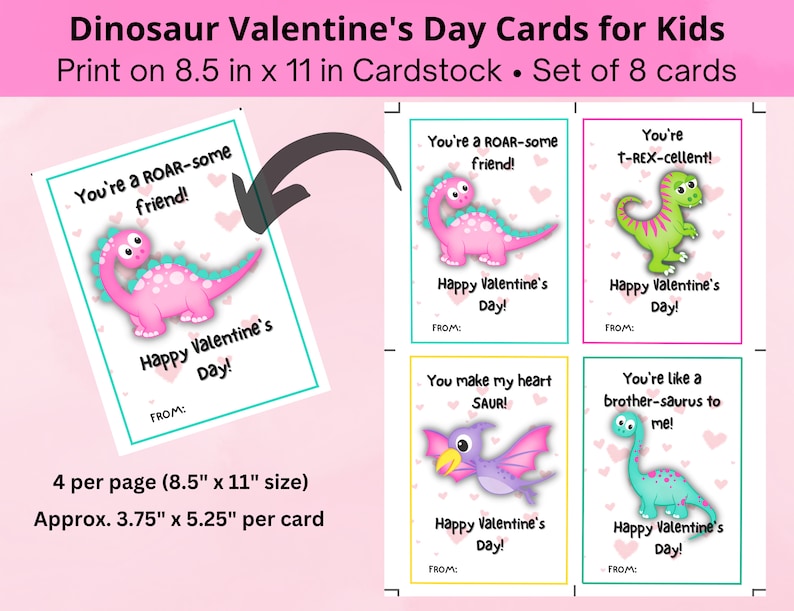 Printable Dinosaur Valentine's Day Cards for Kids; Printable Valentine ...