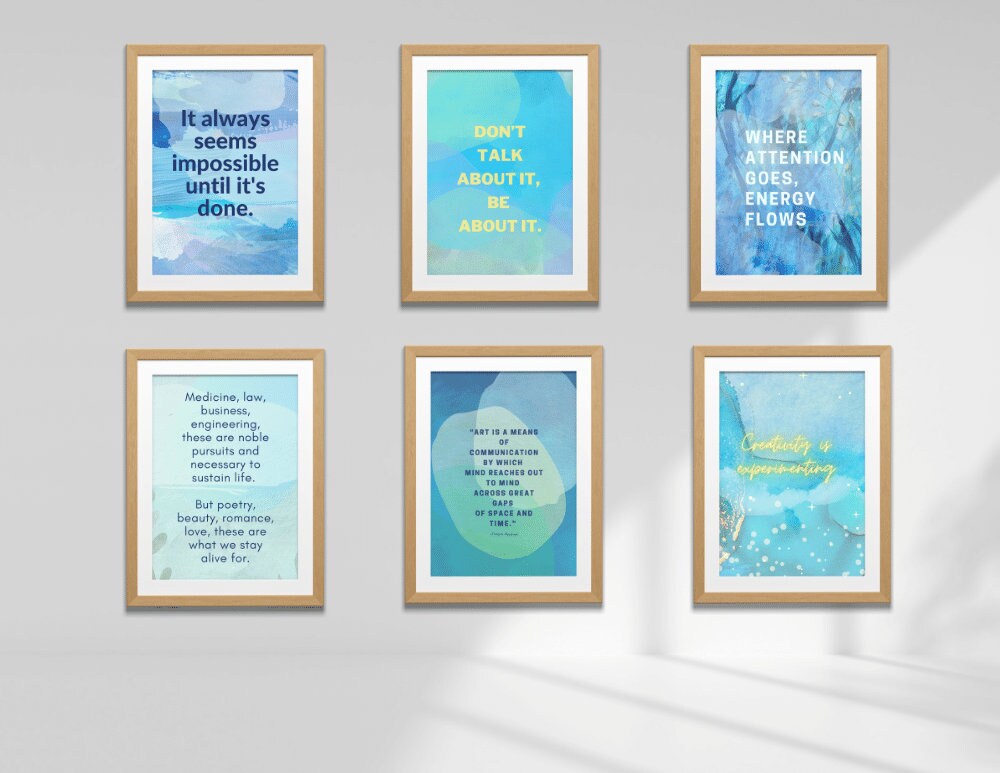 Wall Art Set of 6, Inspirational Quotes Art Bundle, Blue Abstract ...