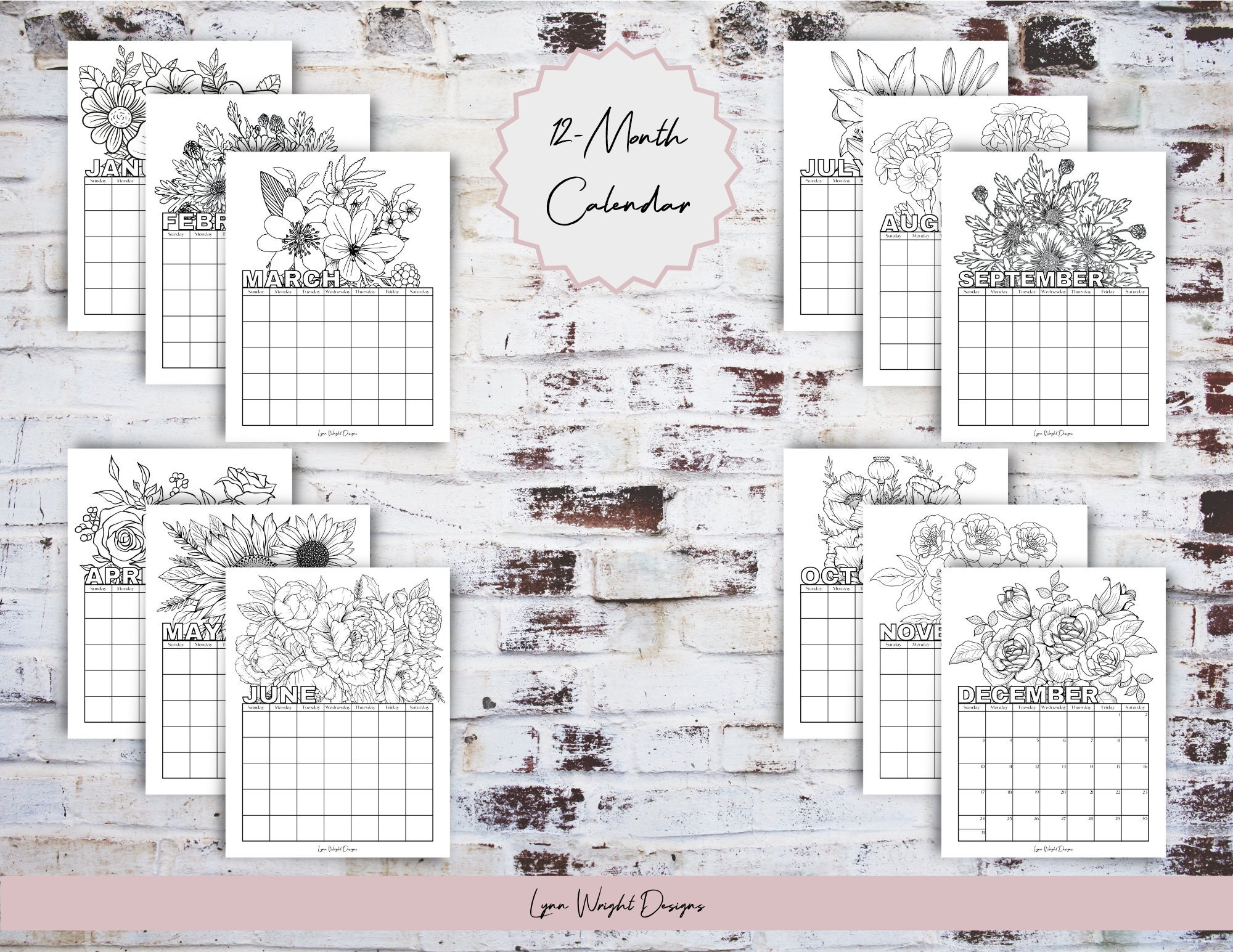 Pretty Floral Undated Coloring Calendar, Monthly Adult Coloring Page ...