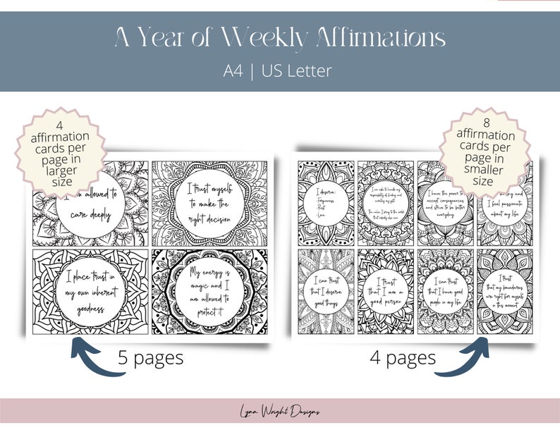 Mandala Coloring Affirmation Cards, Printable Zentangle Mindfulness ...