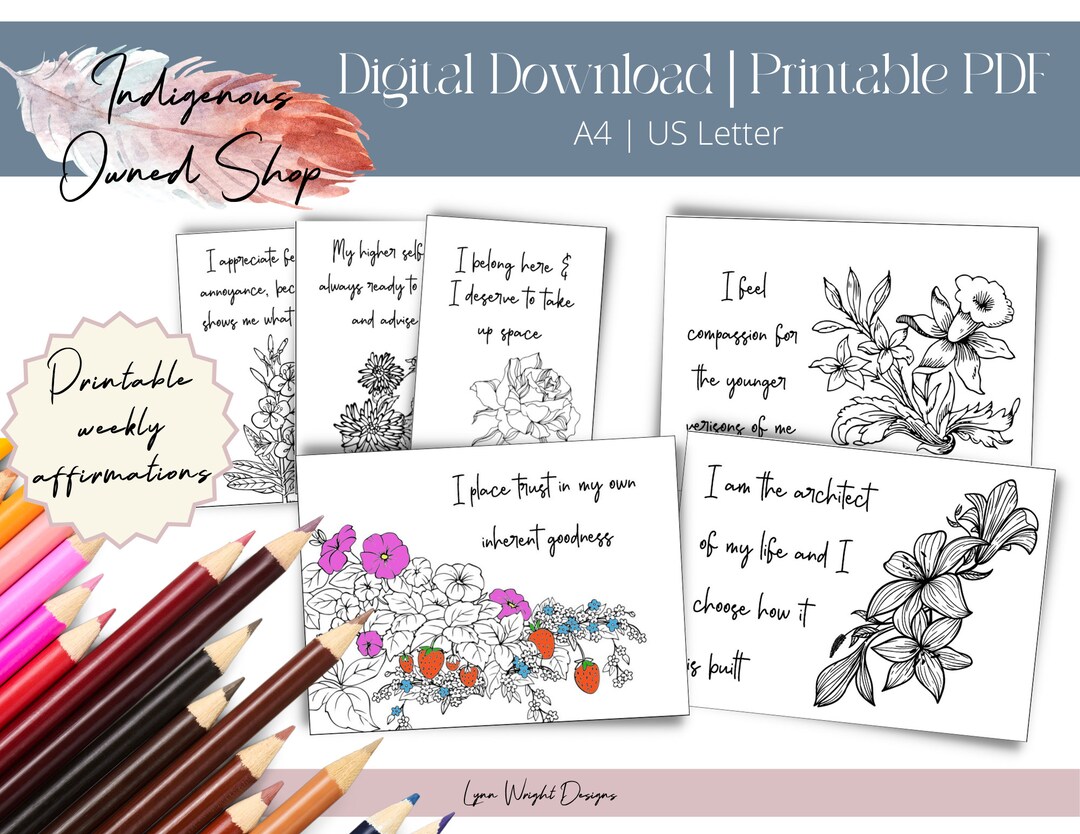 52 Weekly Floral Coloring Affirmation Card Deck, Minimal Printable ...