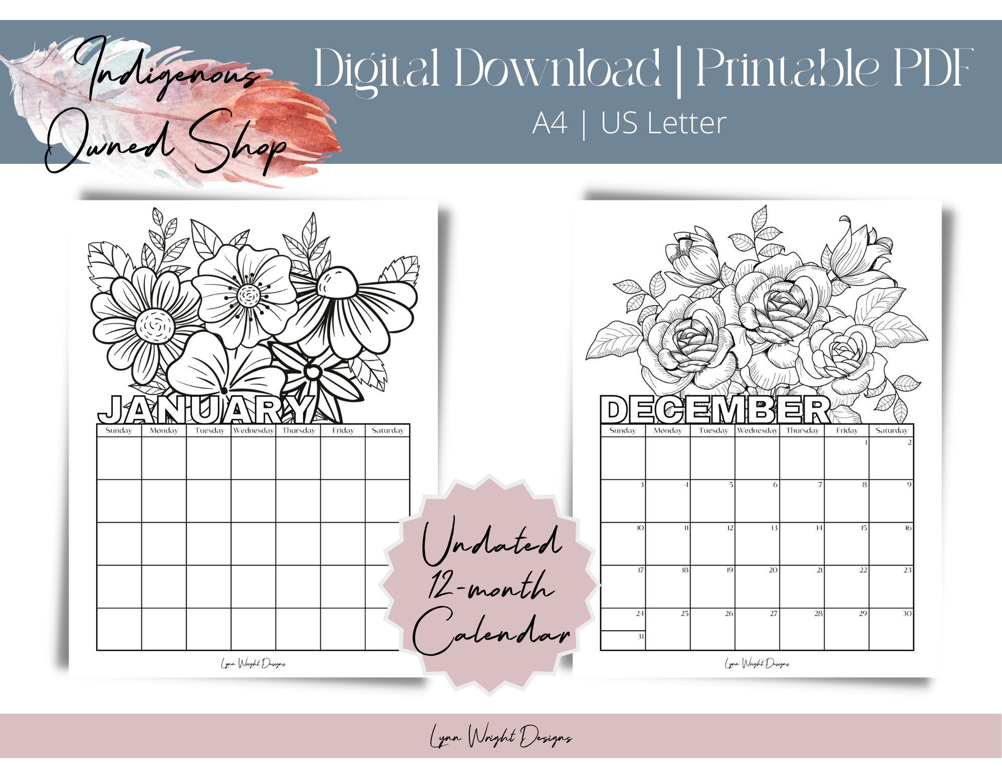 Pretty Floral Undated Coloring Calendar, Monthly Adult Coloring Page ...