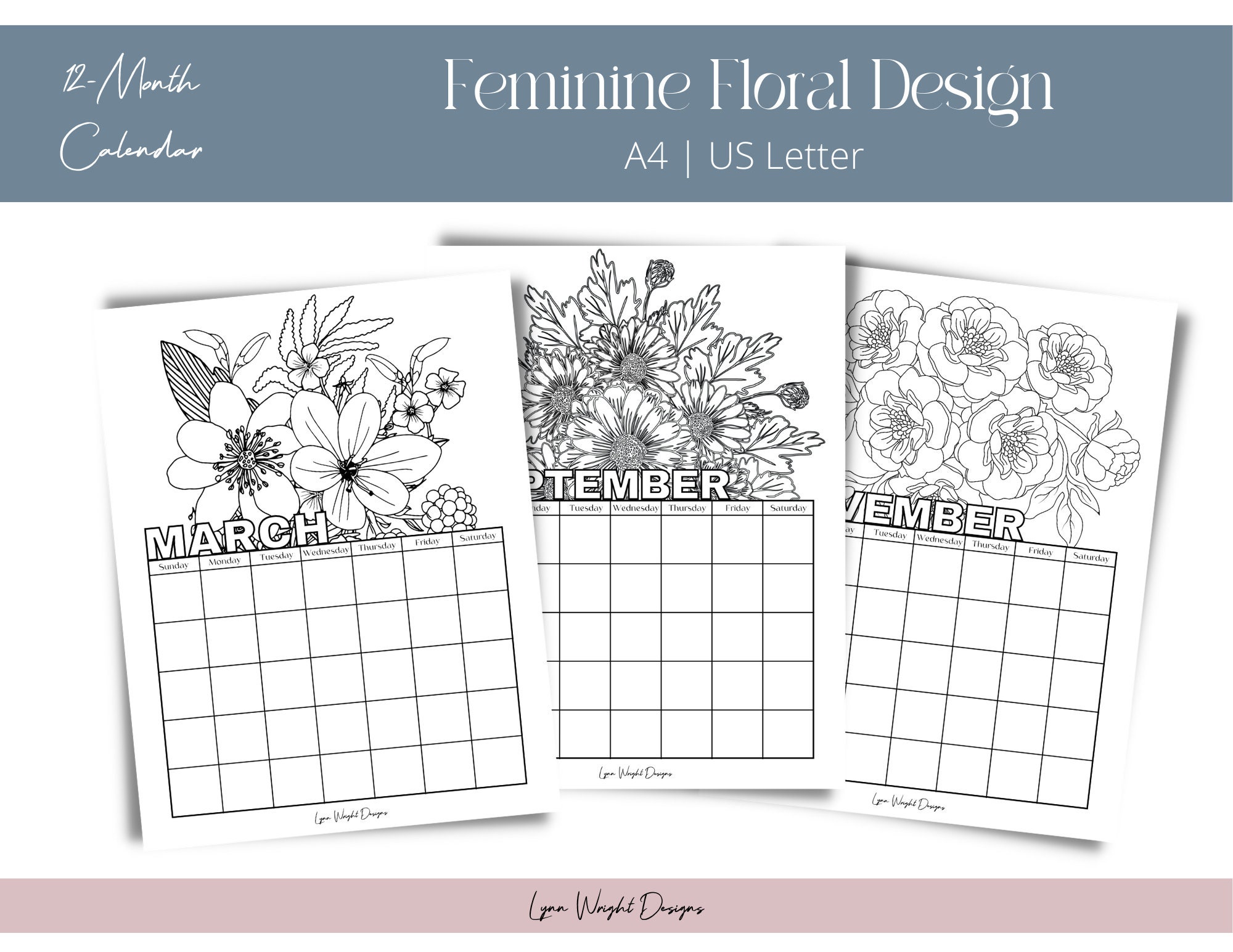 Pretty Floral Undated Coloring Calendar, Monthly Adult Coloring Page ...