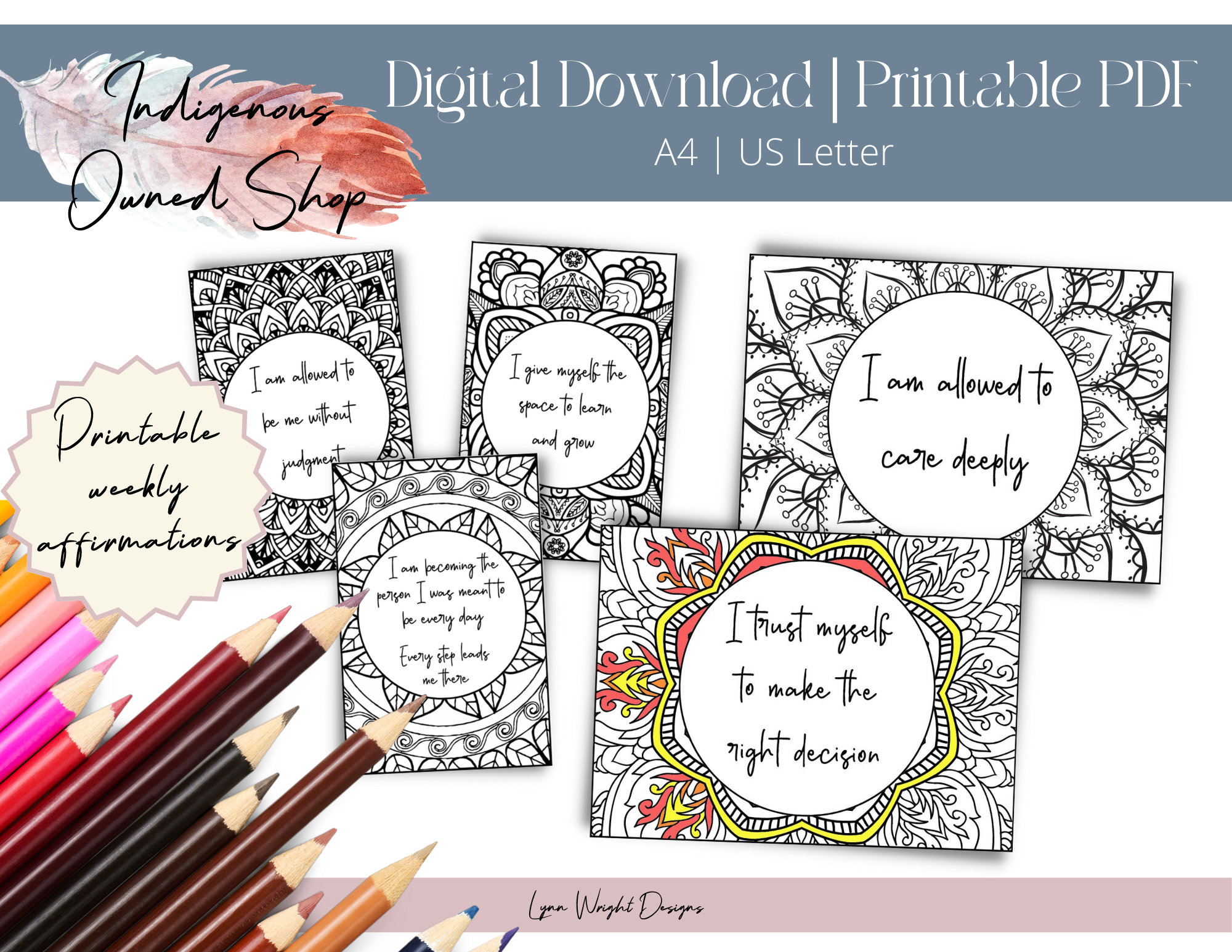 52 Weekly Mandala Coloring Affirmation Card Bundle, Minimal Printable ...