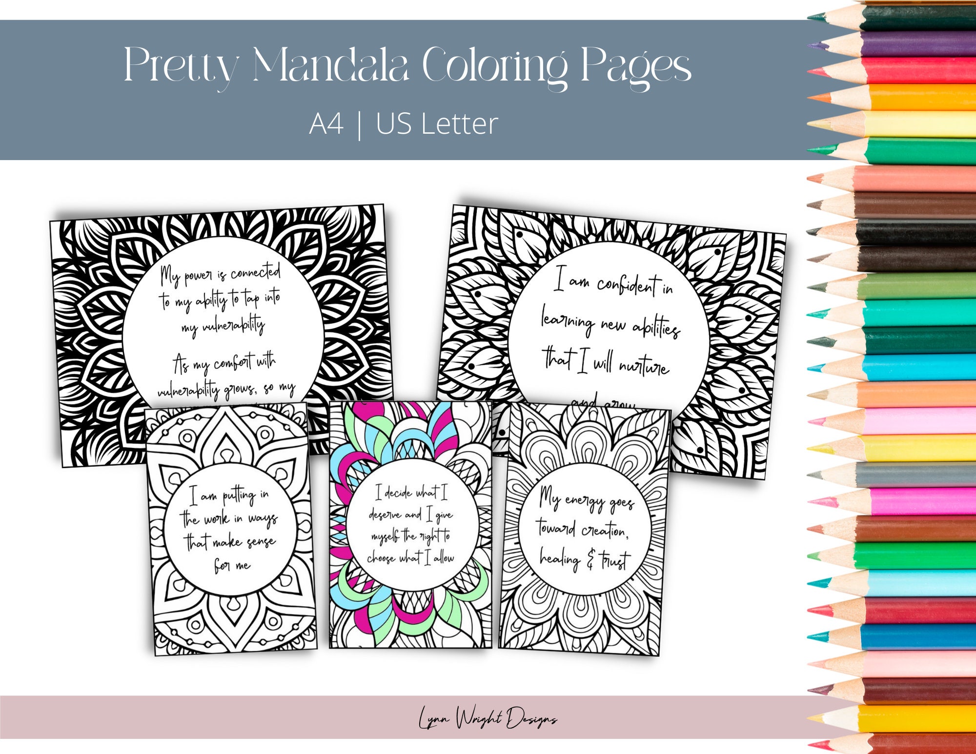 52 Weekly Mandala Coloring Affirmation Card Bundle, Minimal Printable ...
