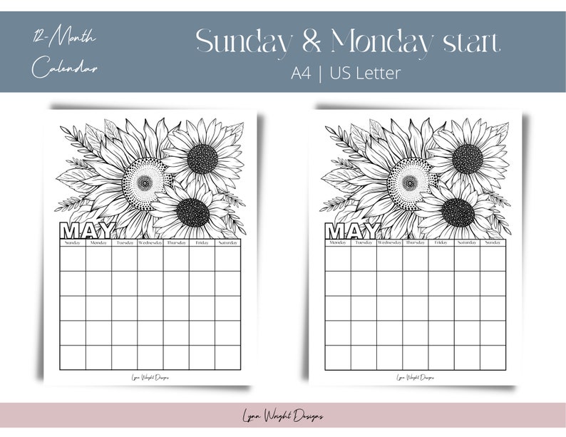 Pretty Floral Undated Coloring Calendar, Monthly Adult Coloring Page ...