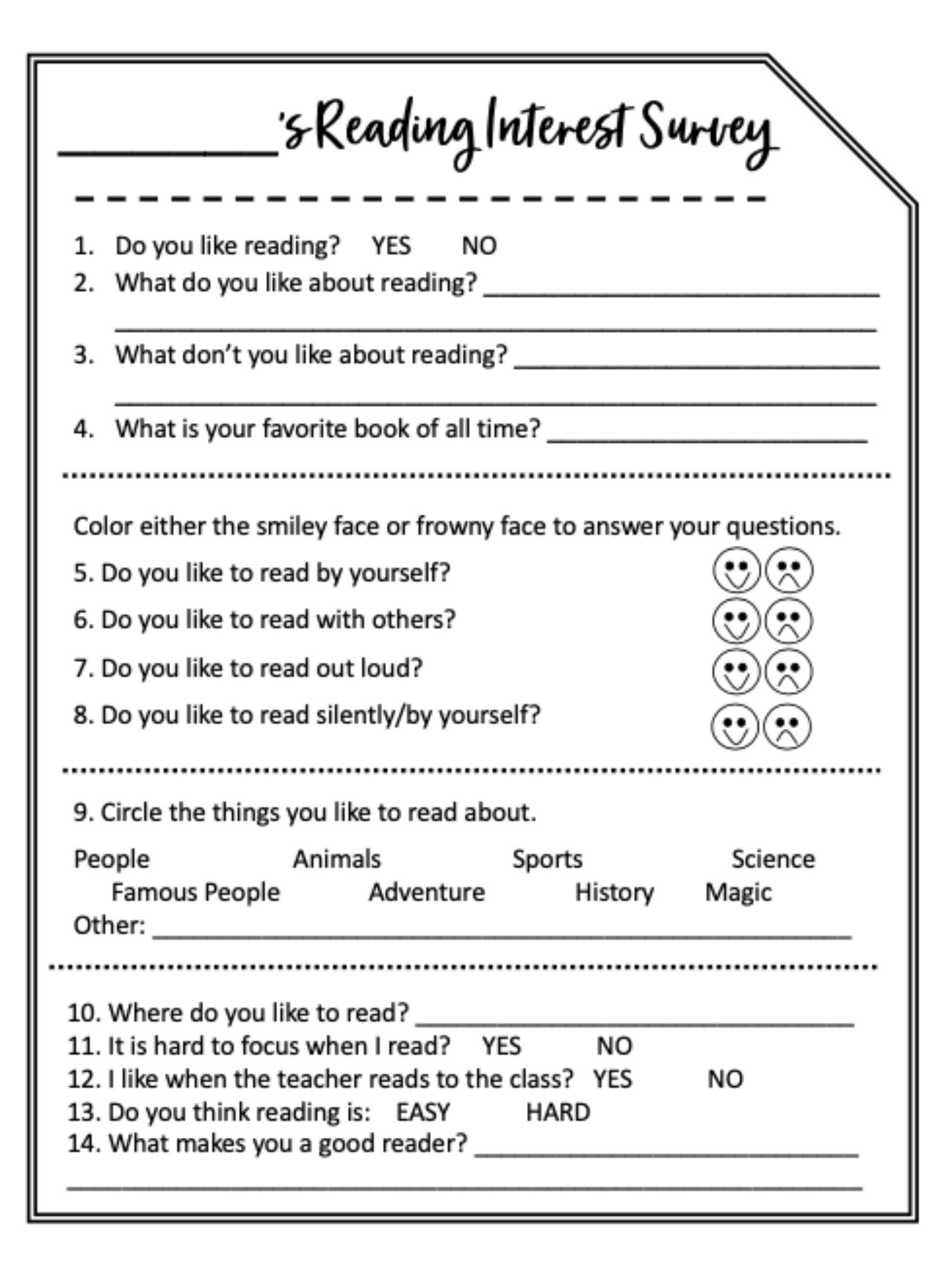 Reading Interest Survey - Etsy