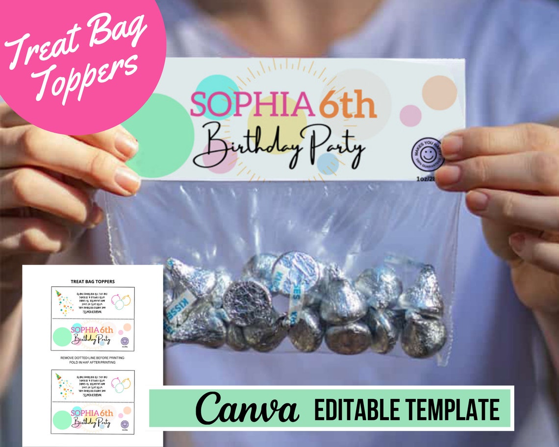 Treat Bag Topper Template for Birthday Party | Canva Editable Template ...