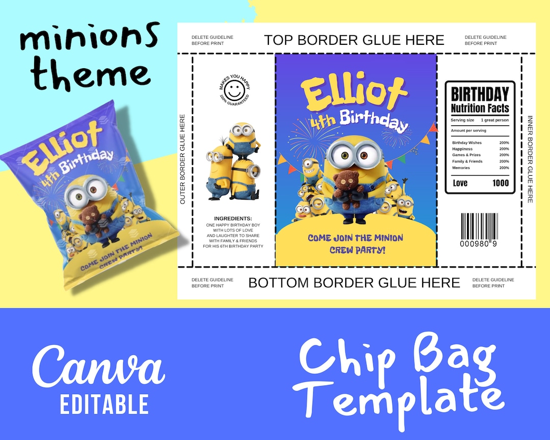 Chip Bag Template | Canva Editable Template | Digital Item | Minions ...