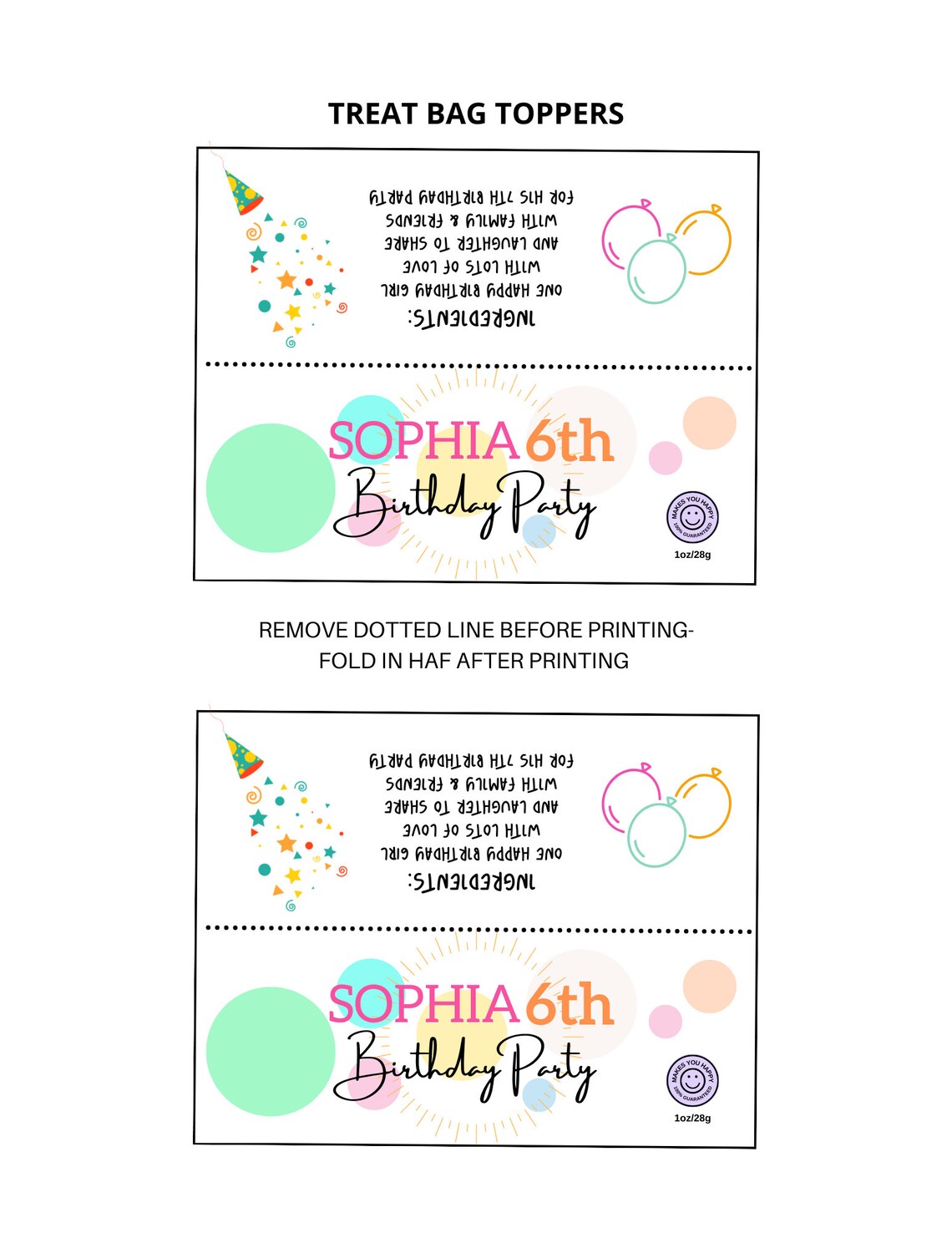 Treat Bag Topper Template for Birthday Party | Canva Editable Template ...