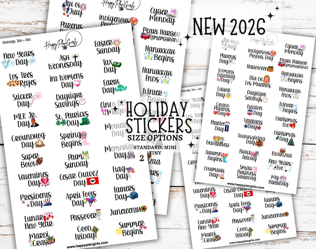 Holiday Planner Stickers- Standard + Mini Size, Cute Holiday Icon ...