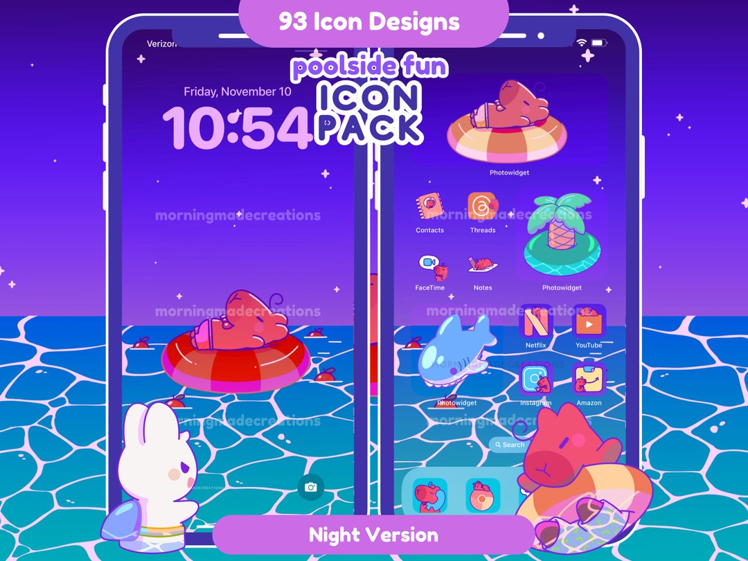 Poolside Fun Capybara + Friends App Icon Set (NIGHT VERSION 1) | Cute ...