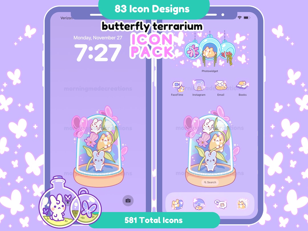 Purple Pastel Cute Animal Butterfly App Icon Pack Kawaii Phone Tablet ...