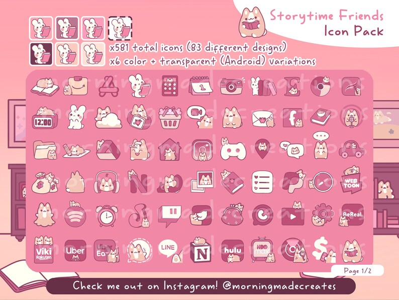 Pink Cute Animal App Icon Pack Kawaii Cozy Phone Tablet Icon App Theme ...