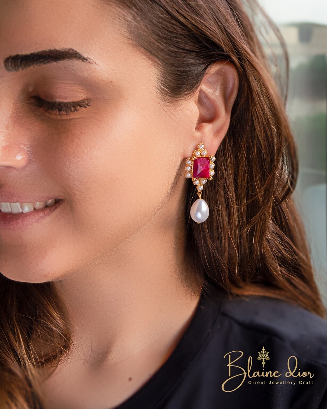 Gold Ruby Earrings With Pearl Stone Ruby and Pearl Earrings - Etsy