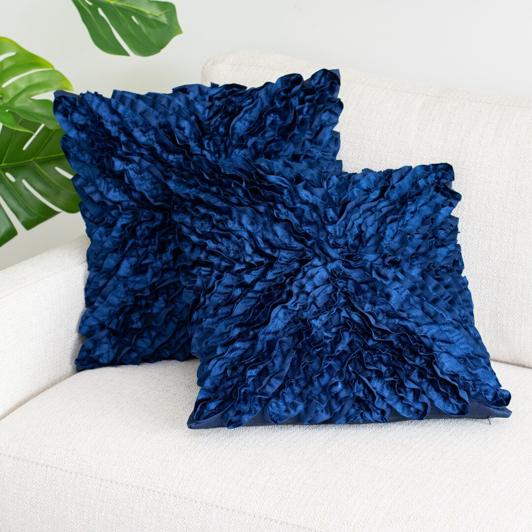 Dark Blue Ruffles Throw Pillow Covers for Sofa or Bed, Dark Blue Accent ...