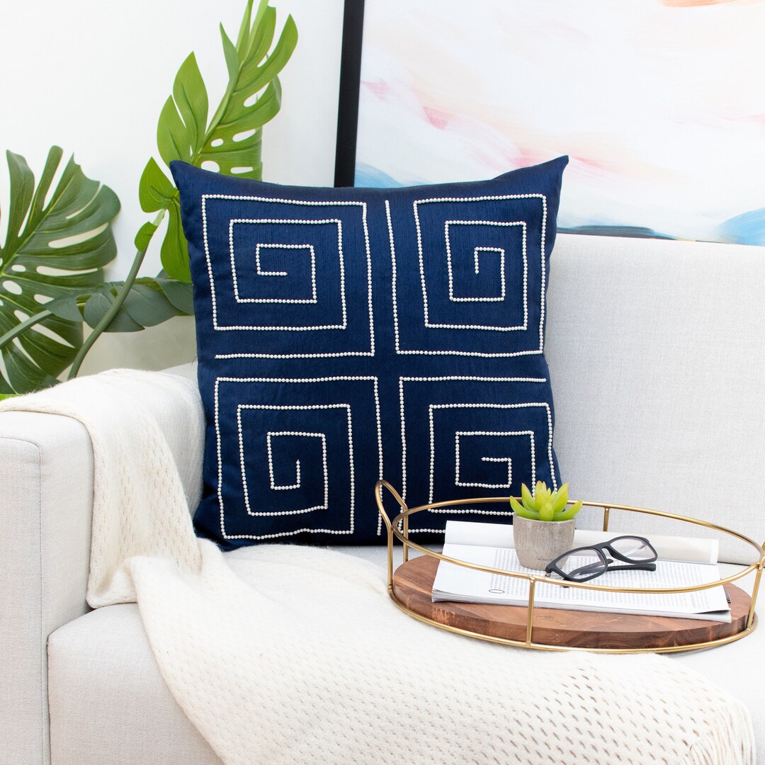 Dark Blue White Greek Key Embroidered Throw Pillow Cover, Luxurious ...