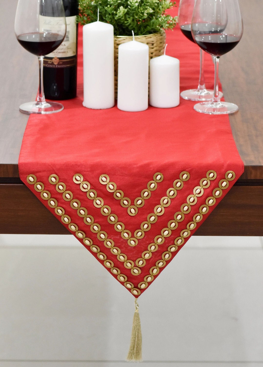 Red Gold Table Runner, Embroidered Beaded Table Runner With Gold ...