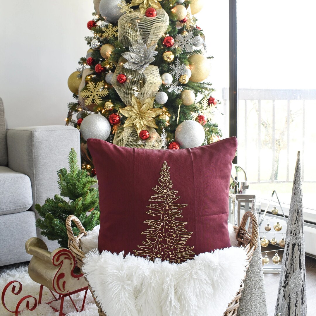 Maroon Christmas Tree Embroidered Pillow Cover, Luxurious, Elegant for ...