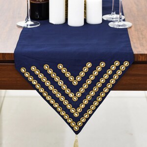 Dark Blue Gold Dining Table Runner, Embroidered Beaded Table Runner ...