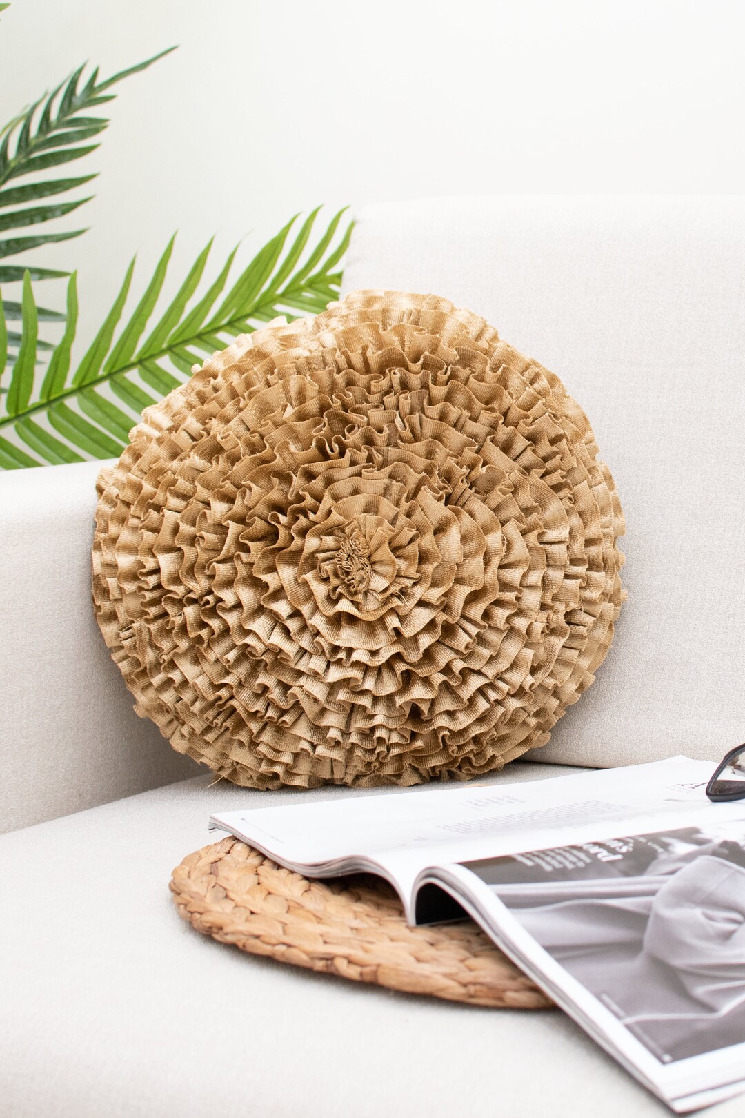 Gold Round Ruffles Throw Pillow Covers for Sofa or Bed, Gold Accent ...