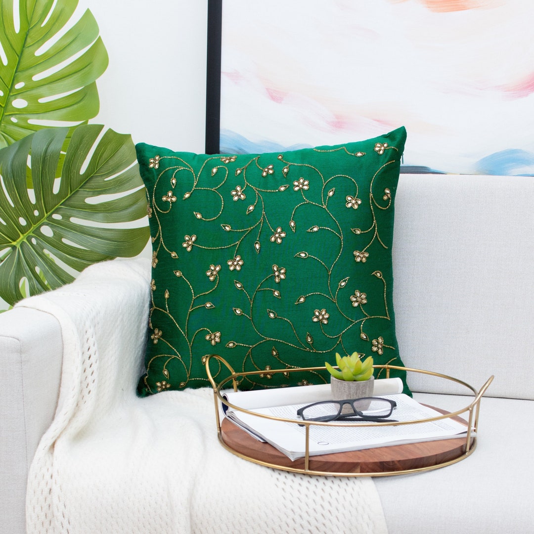 Emerald Green Gold Floral Embroidered Throw Pillow Cover, Luxurious ...
