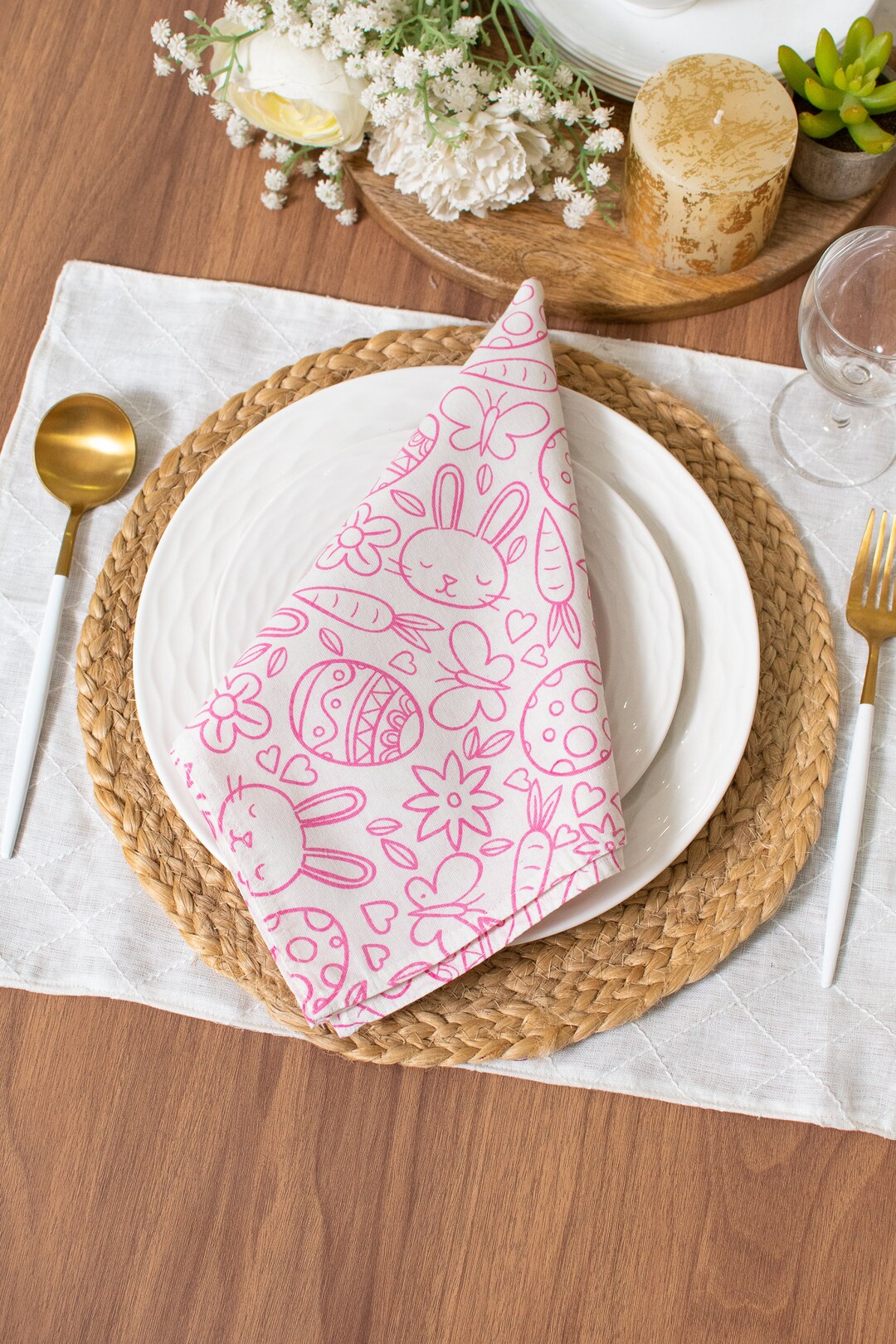 Pink Easter Table Napkins, 100% Cotton Napkins With Bunny, Easter Eggs ...