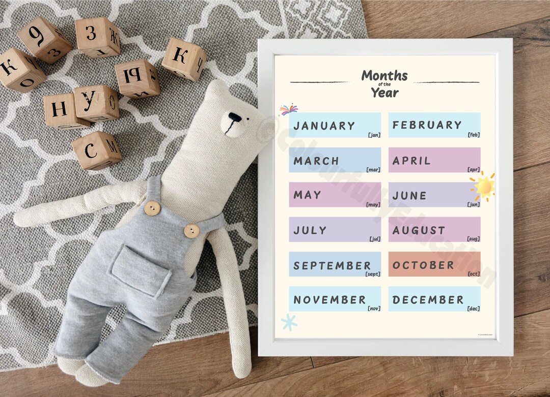 Printable Months Poster, Nursery Art, Kindergarten Classroom, Preschool ...