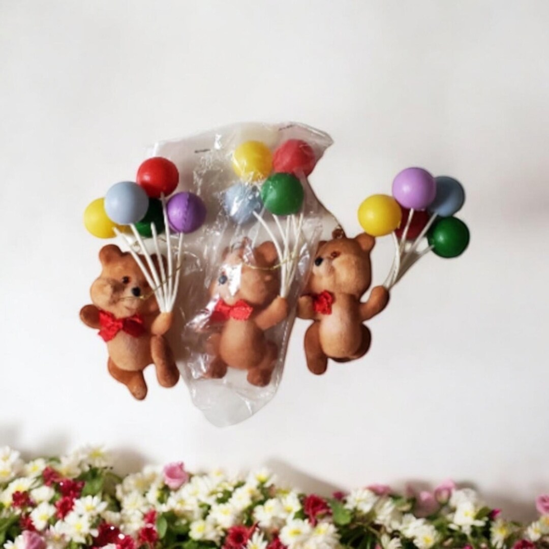 Vintage Flocked Teddy Bear With Plastic Balloons Ornaments / Vintage ...