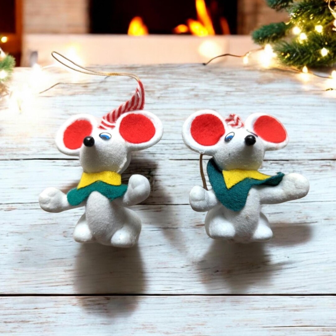 Vintage Flocked Holiday Mice Set of (2) Christmas Ornaments / Flocked ...