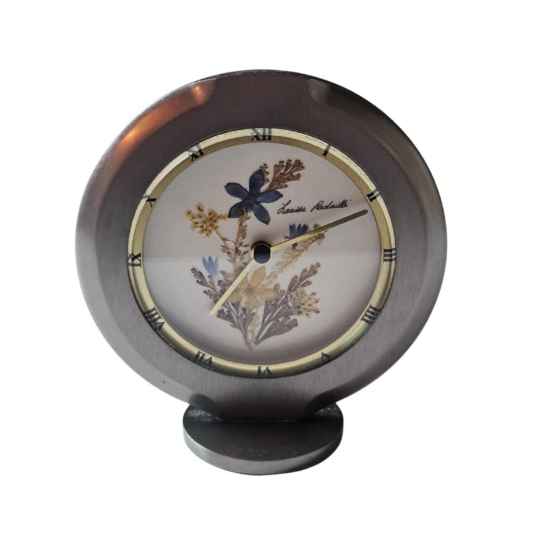 Hechinger Desk Clock / Pewter Metal With Pressed Flowers / Made in West ...