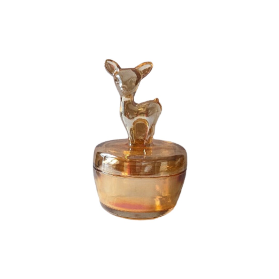 Mid-century Jeanette Marigold Carnival Glass Fawn Vanity Powder Jar ...