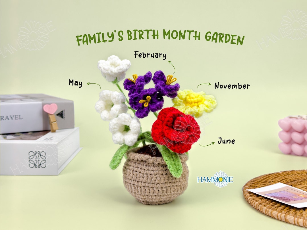 Crochet Birth Flower Pot, Handmade Birth Flower Bouquet, Anniversary ...