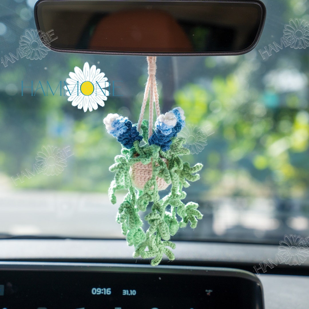 Crochet Bluebonnet Flower Plant Pot Car Hanging, Cute Car Decor, Car ...