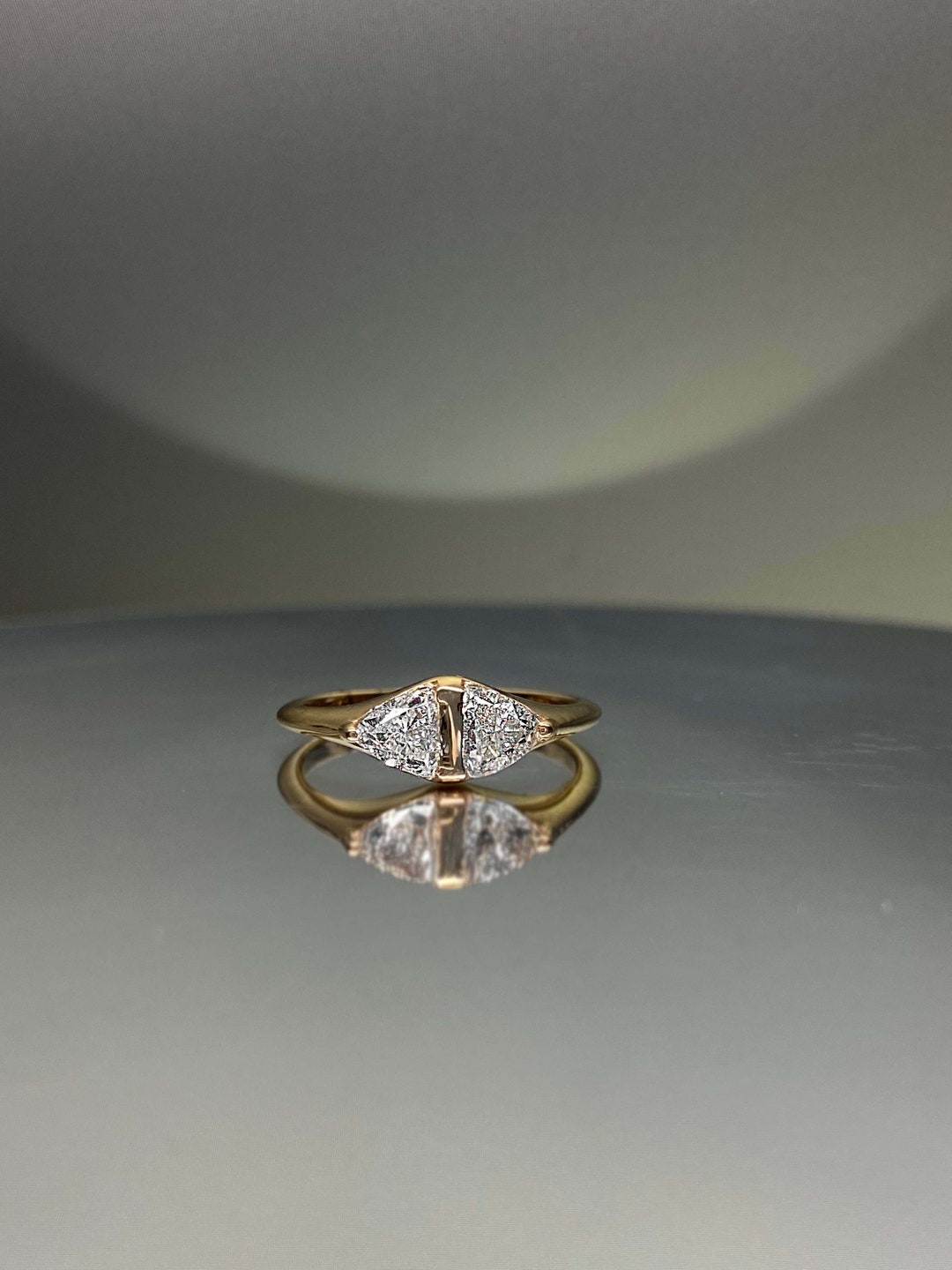14K Diamond Triangle Ring, Two Stone Trillion Cut Diamond, Triangle ...