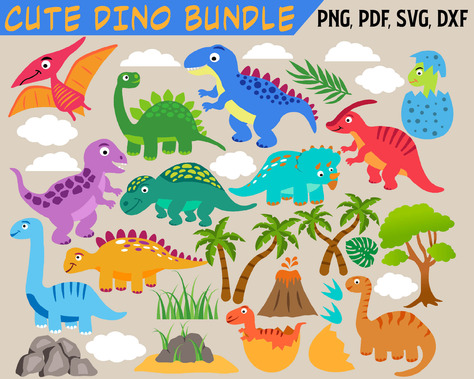 Dinosaur Svg Bundle, Cute Dino Png Clipart, T-rex Svg, Dinosaur ...