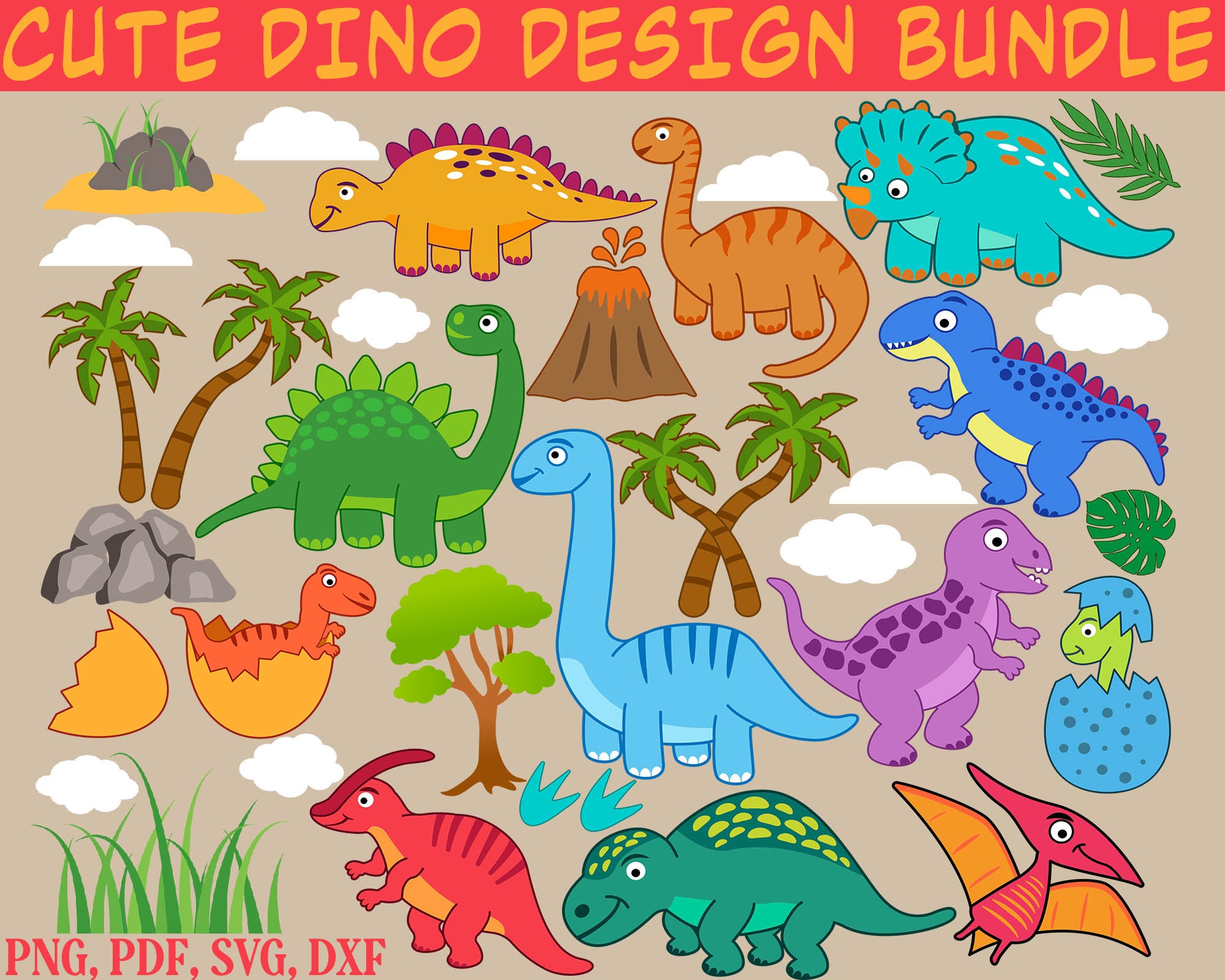 Dino Svg Bundle, Cute Dinosaur Png Clipart, T-rex Svg, Dinosaur ...