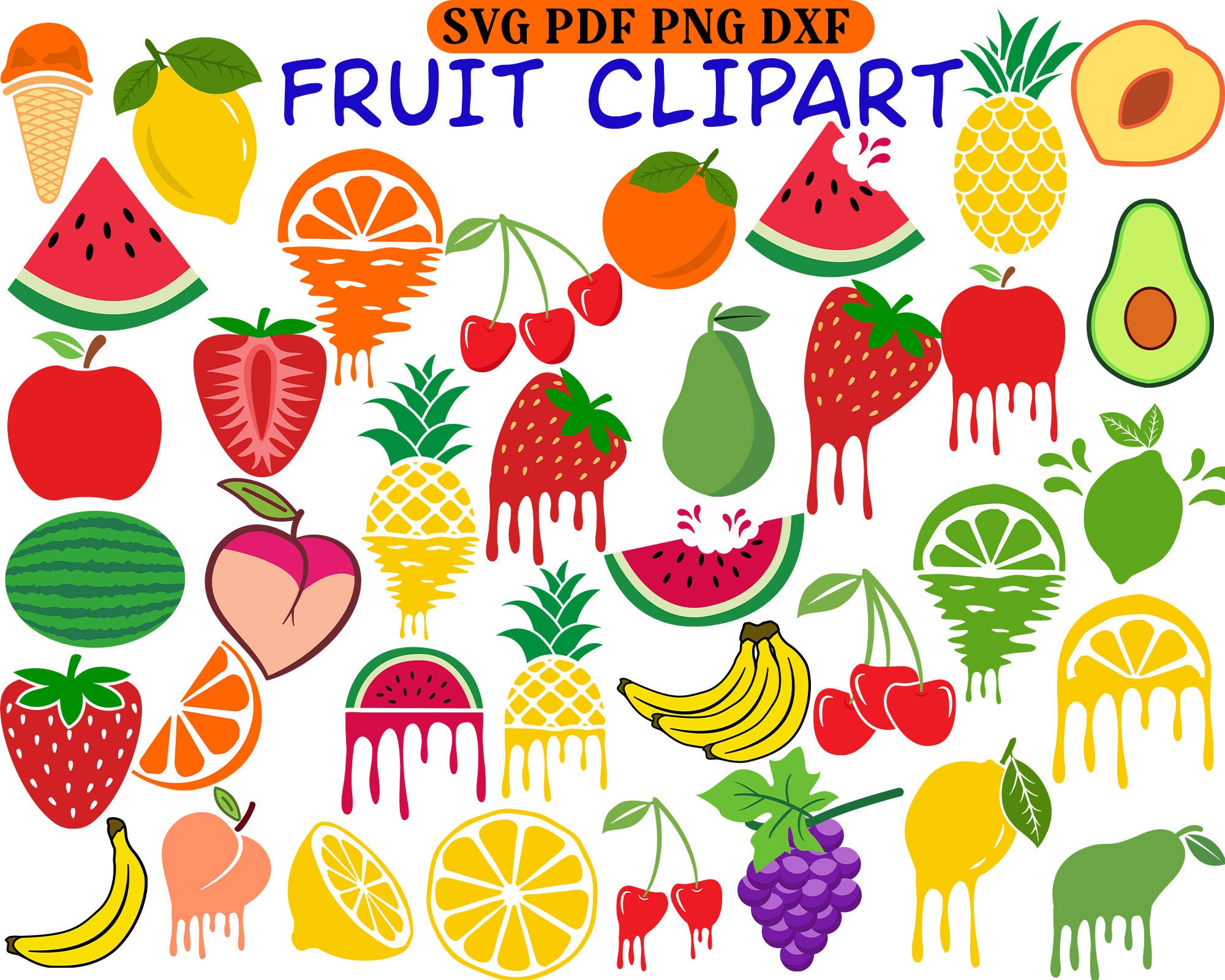 Fruit Svg Bundle, Orange, Apple Banana, Peach Lemon, Pineapple Cherry ...
