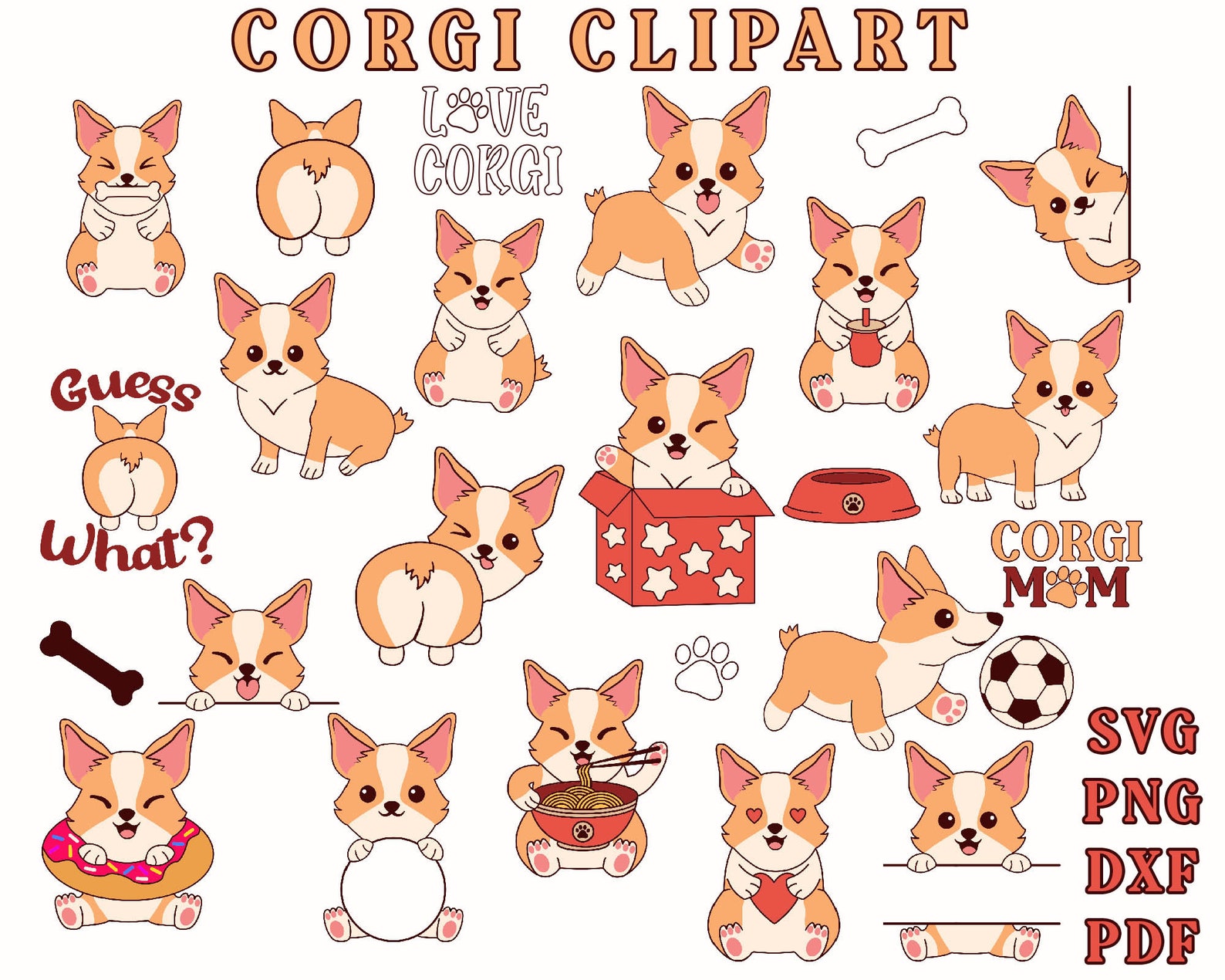 Kawaii Corgi Bundle, Corgi Svg Clipart, Shiba Dog, Cute Corgi Butt Svg ...
