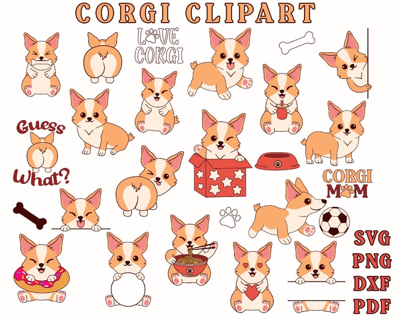 Kawaii Corgi Bundle, Corgi Svg Clipart, Shiba Dog, Cute Corgi Butt Svg ...
