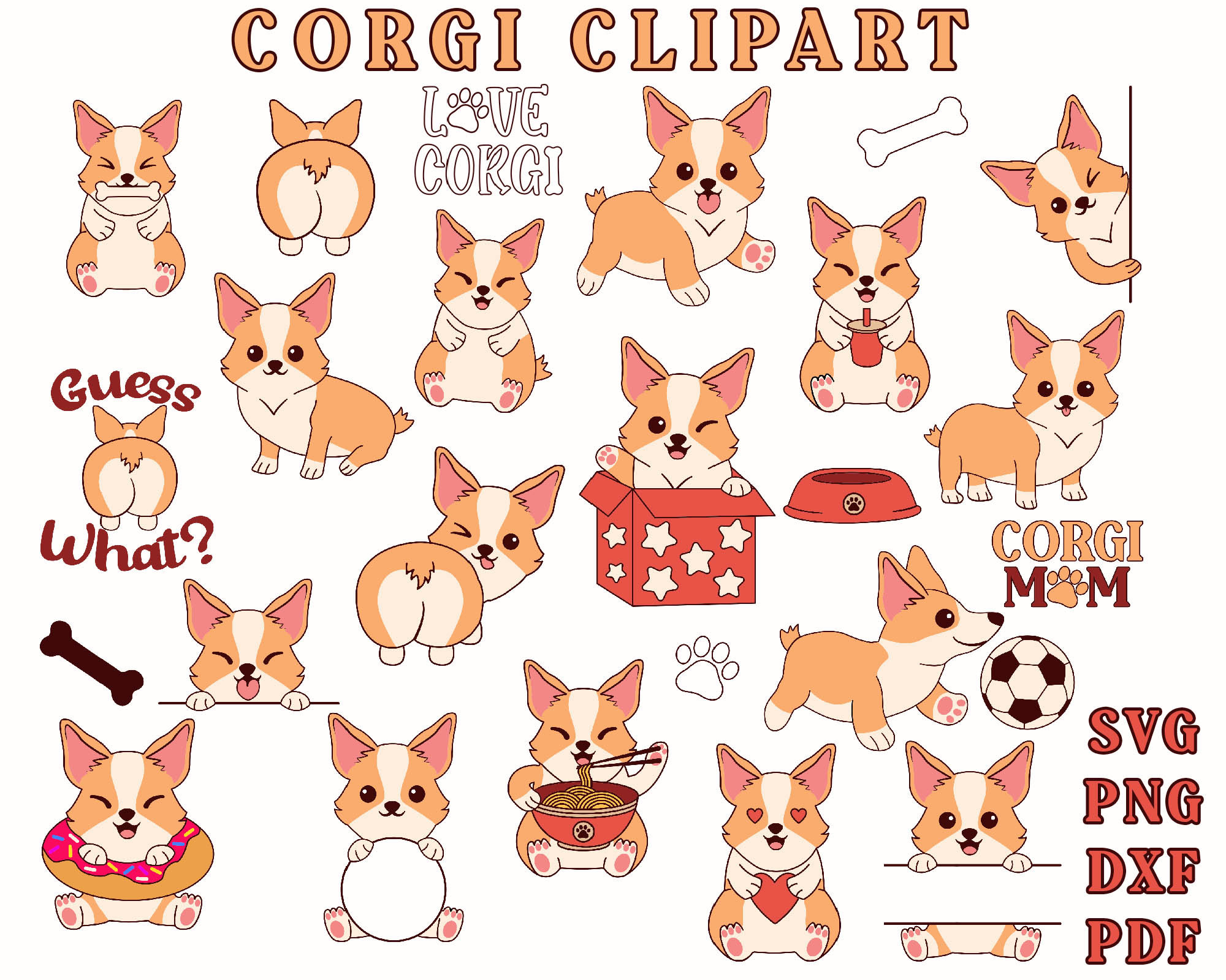 Kawaii Corgi Bundle, Corgi Svg Clipart, Shiba Dog, Cute Corgi Butt Svg ...