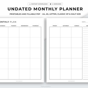 Undated Monthly Planner Printable, Month on Two Pages, Month at a ...