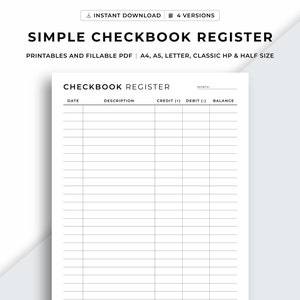 Checkbook Register Printable, Check Transaction Tracker, Checkbook ...