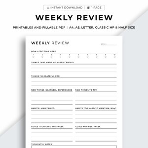 Weekly Review Printable, Weekly Reflection, Weekly Evaluation, Weekly Summary, Printable Insert ...